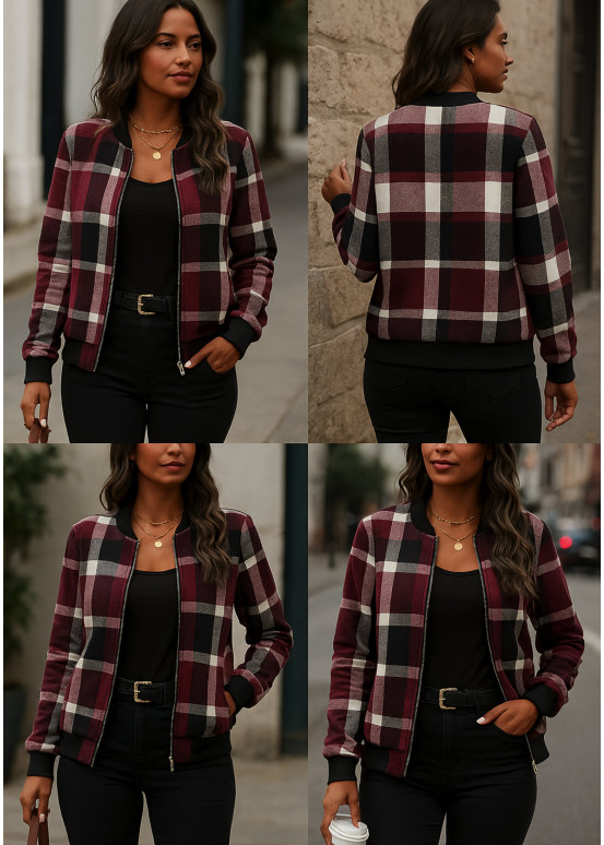 Veste de baseball femme à carreaux rouge et noir