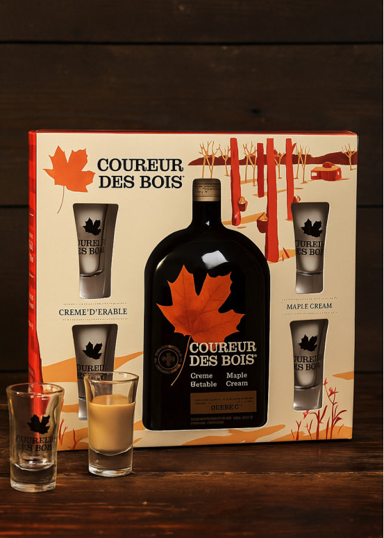 Coffret Cadeau Coureur des Bois Crème – Liqueur à l’Érable + 4 Shooters
